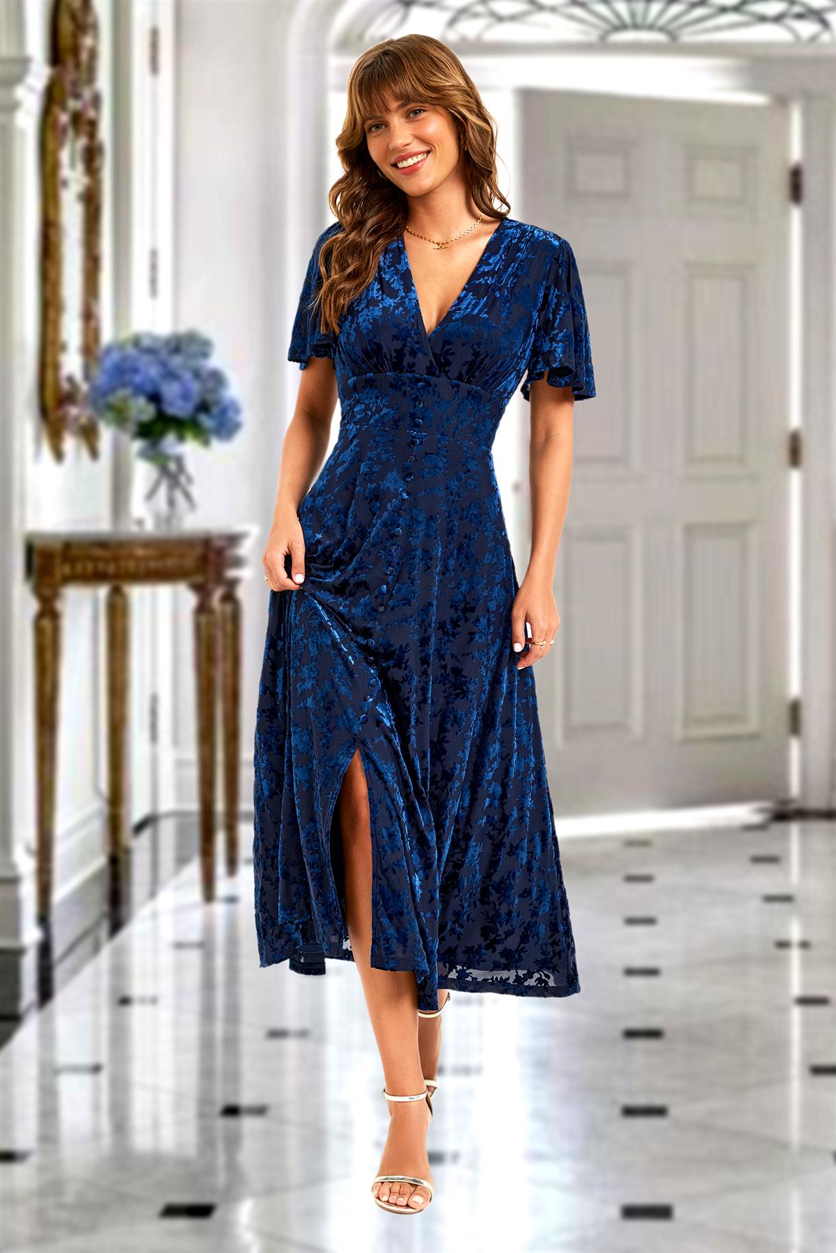 Floral Velvet Devore V neckline Dress In Navy – FS Collection (London)