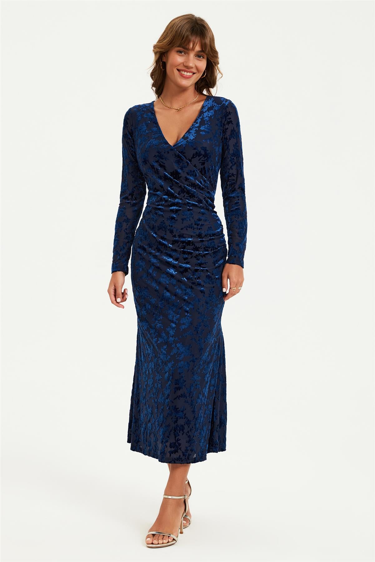 Floral Velvet Devore Long Sleeve Wrap Midi Dress In Navy – FS ...